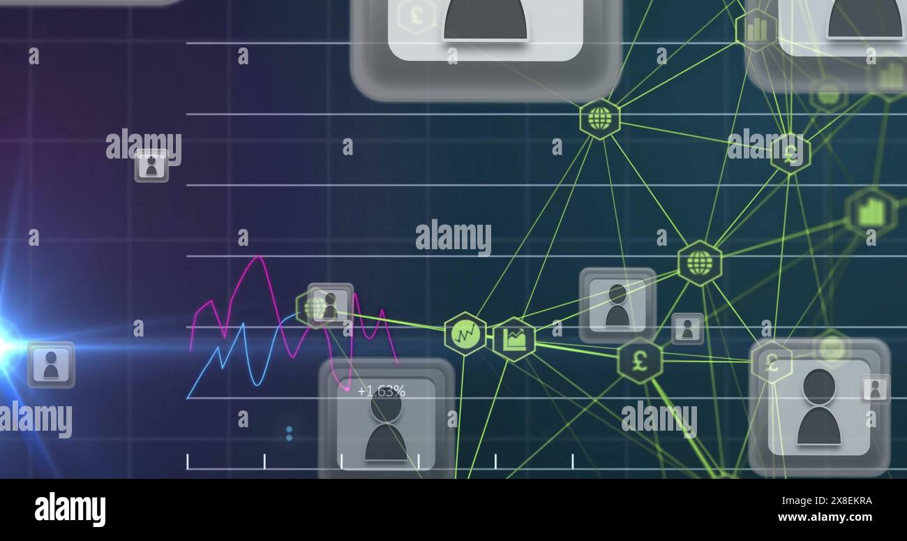 Digital network diagram with interconnected icons and data points ...