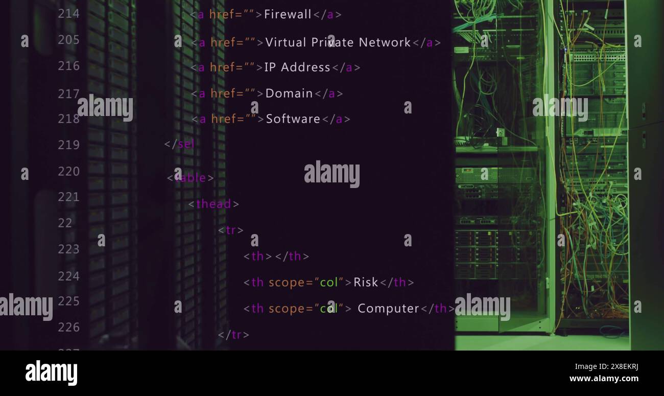 Lines of code overlaying dimly lit server room with numerous cables and ...