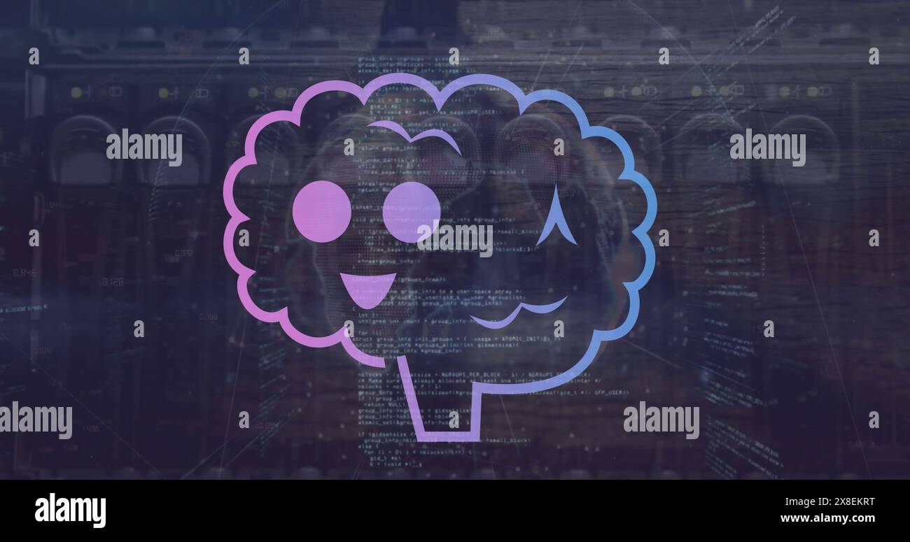 Image of smiling brains over computer language against cable. Digital ...