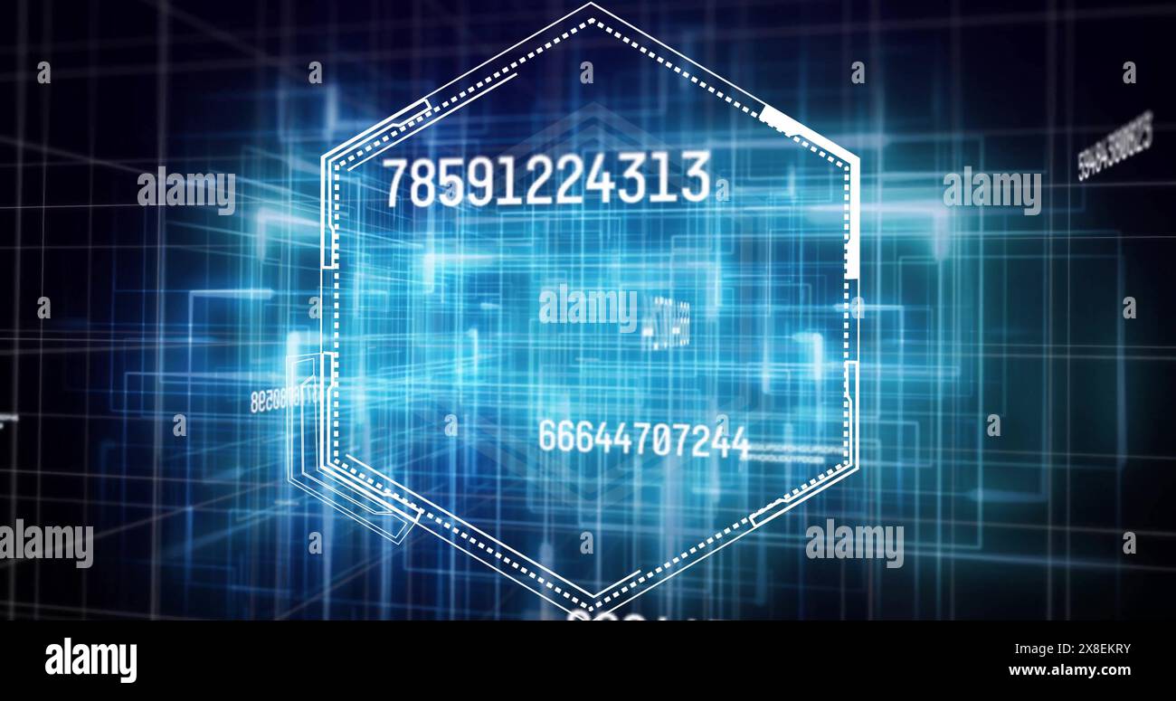Image of changing numbers, hexagons and squares over black background ...