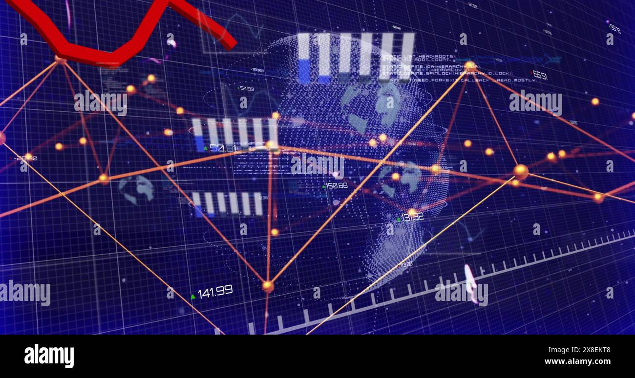 Image of red line graph showing loss over globe with connected dots and programming language ...