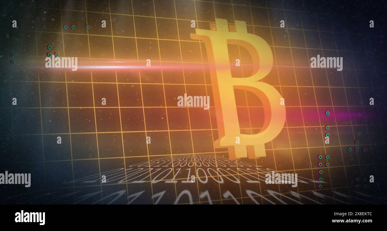 Image of grid pattern, binary codes and bitcoin illuminated symbol over ...