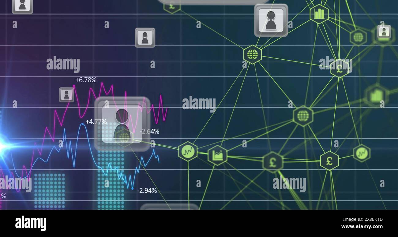 Image of connected icons, profile icons, graphs with changing numbers ...