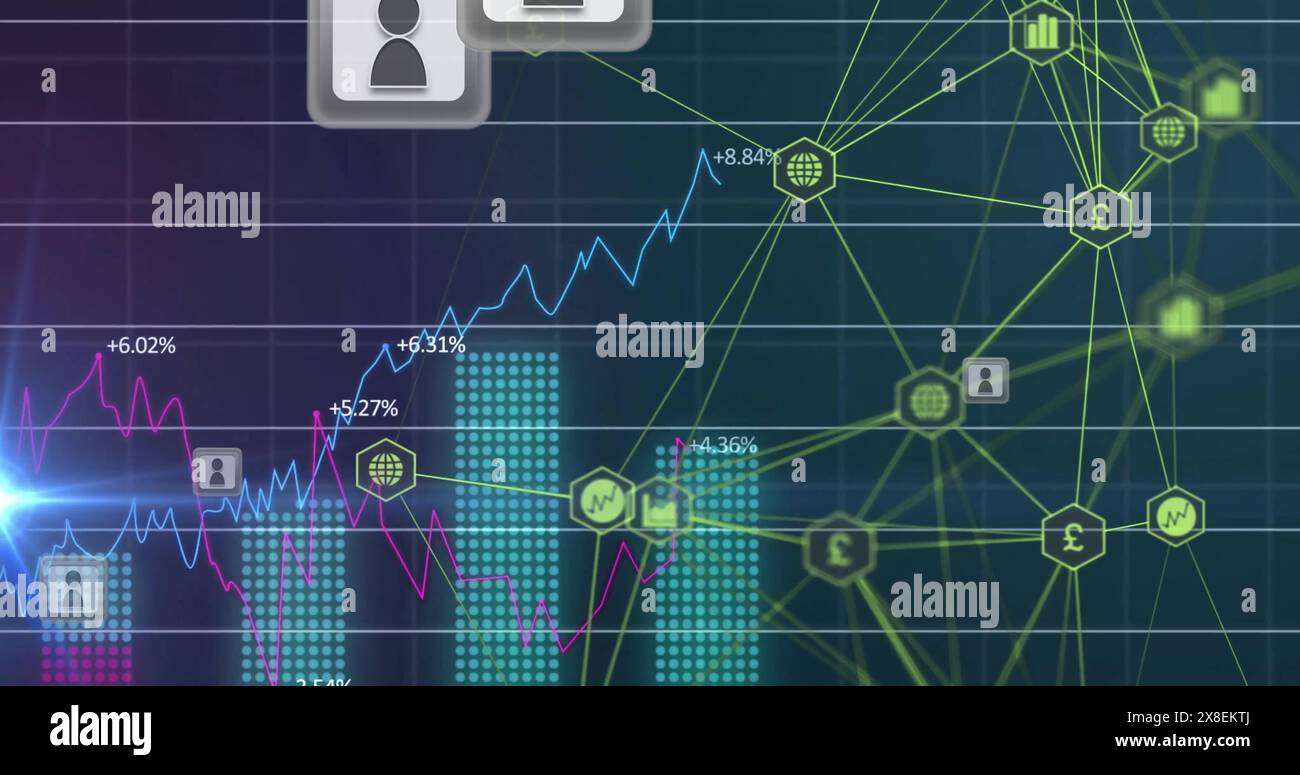 Image of connected icons, profile icons, graphs with changing numbers over abstract background ...