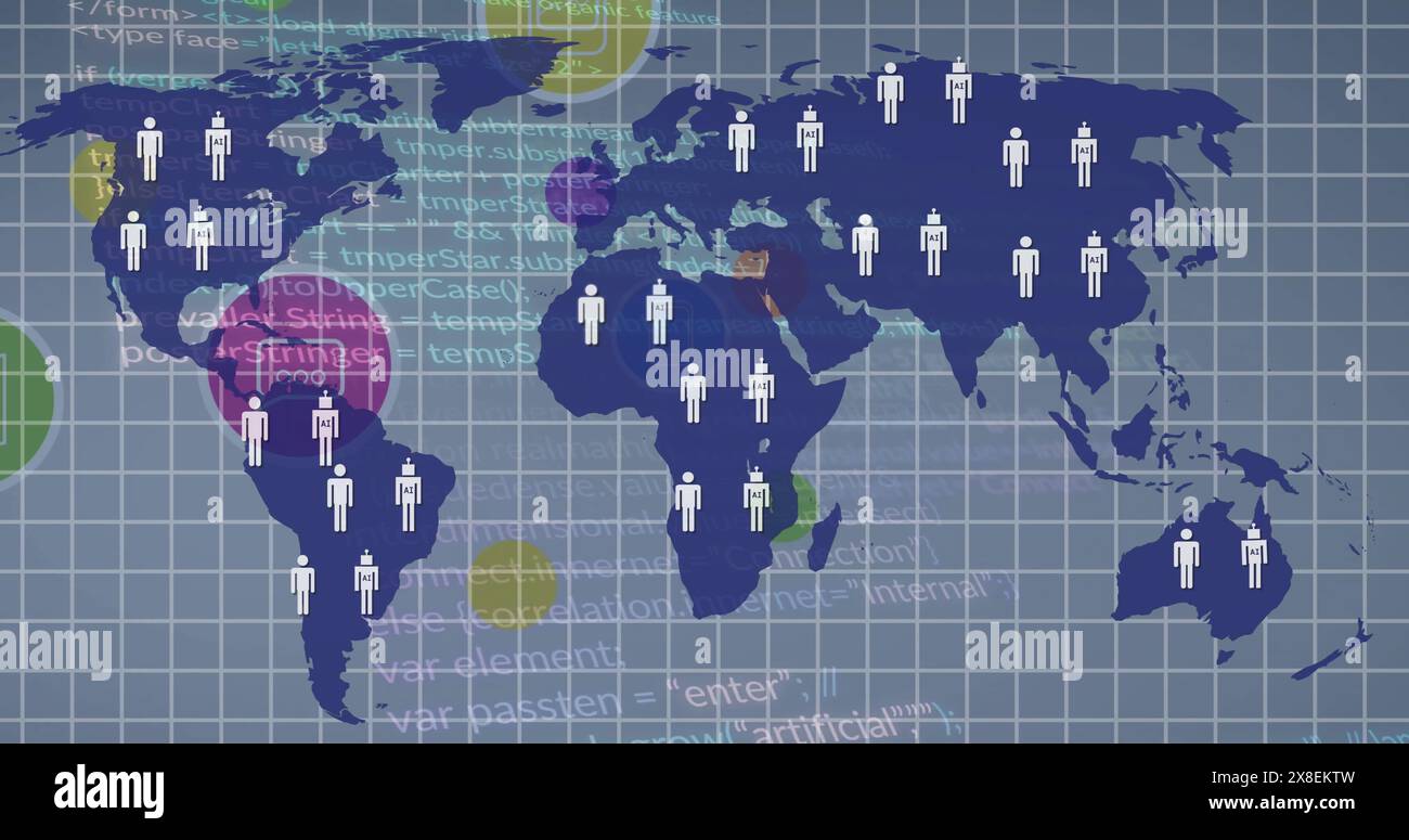 Image of human icons on digital world map and circles with grid pattern ...