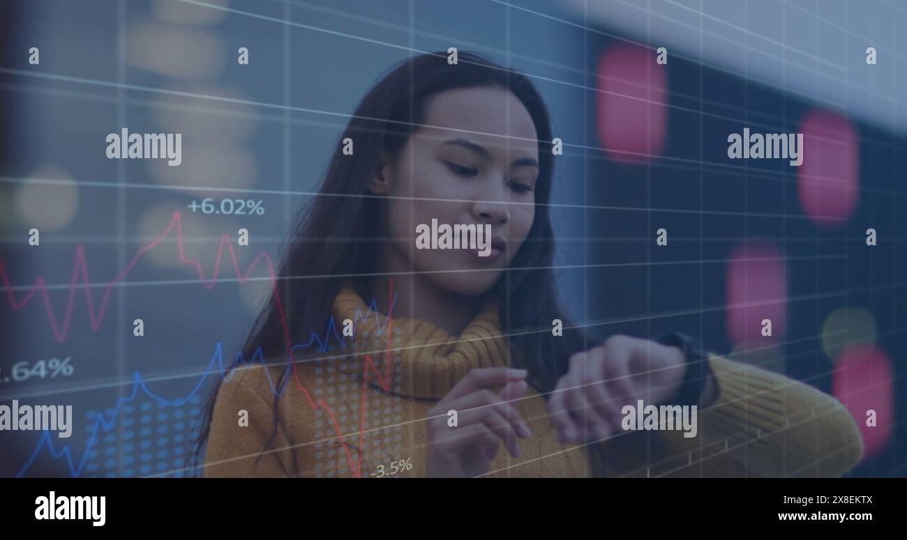 Image of multiple graphs with changing numbers over smiling asian woman ...