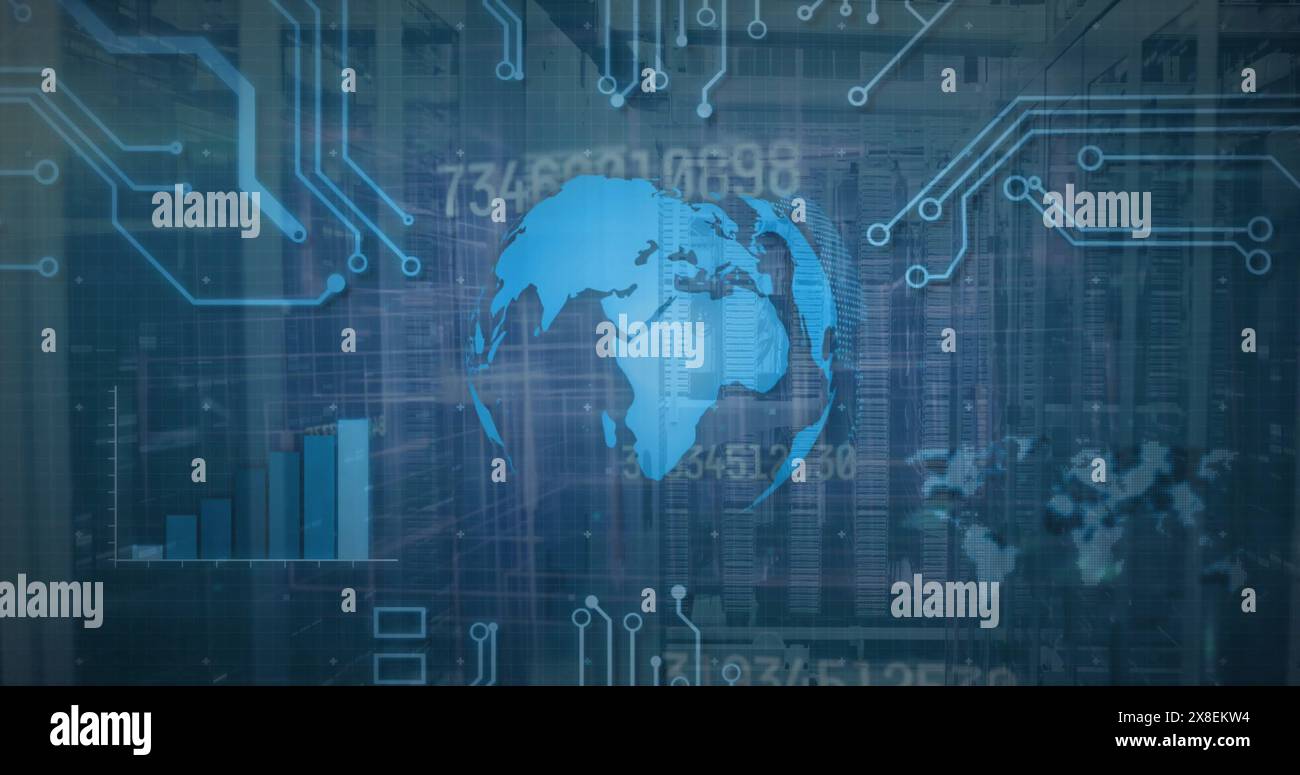 Image of globe, graph, circuit board pattern and changing numbers over data server system Stock ...