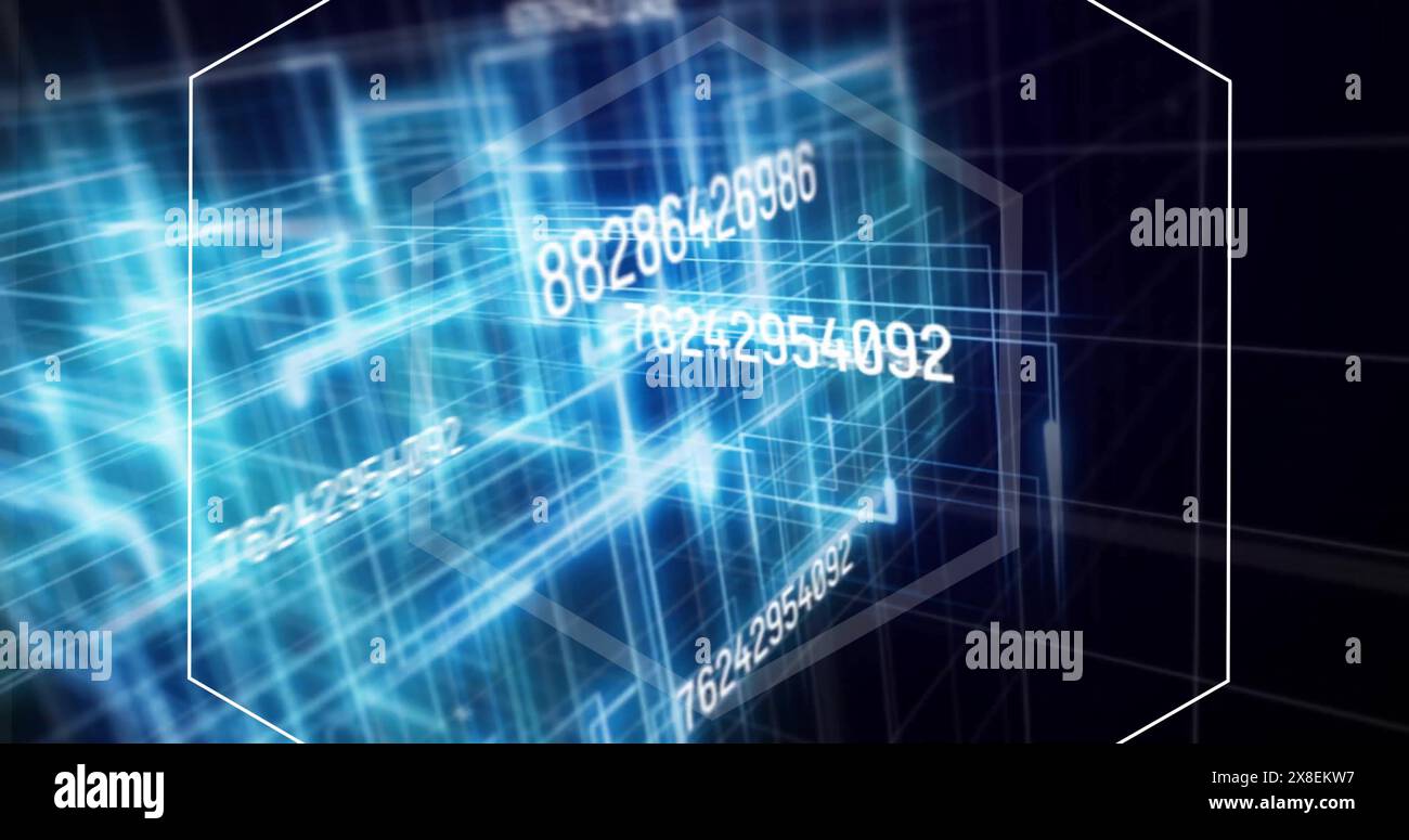 Image of changing numbers, hexagons and squares over black background ...