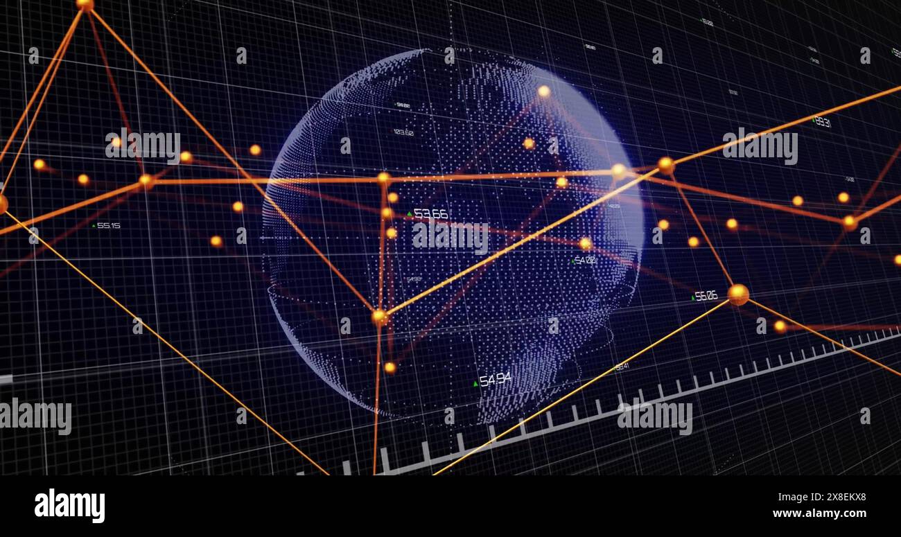 Image of red line graph showing loss over globe with connected dots and programming language ...