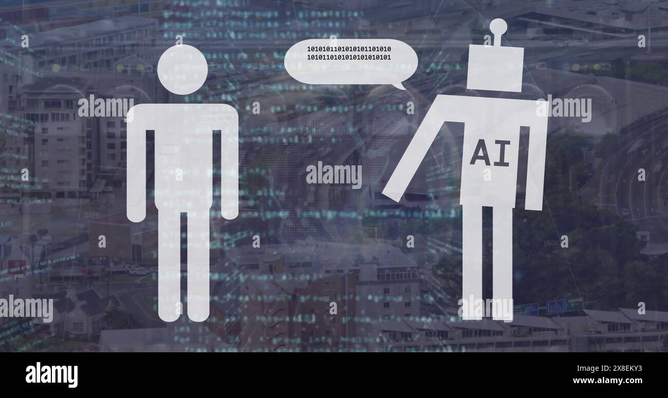 Image of human icon and ai text in robot over computer language against ...