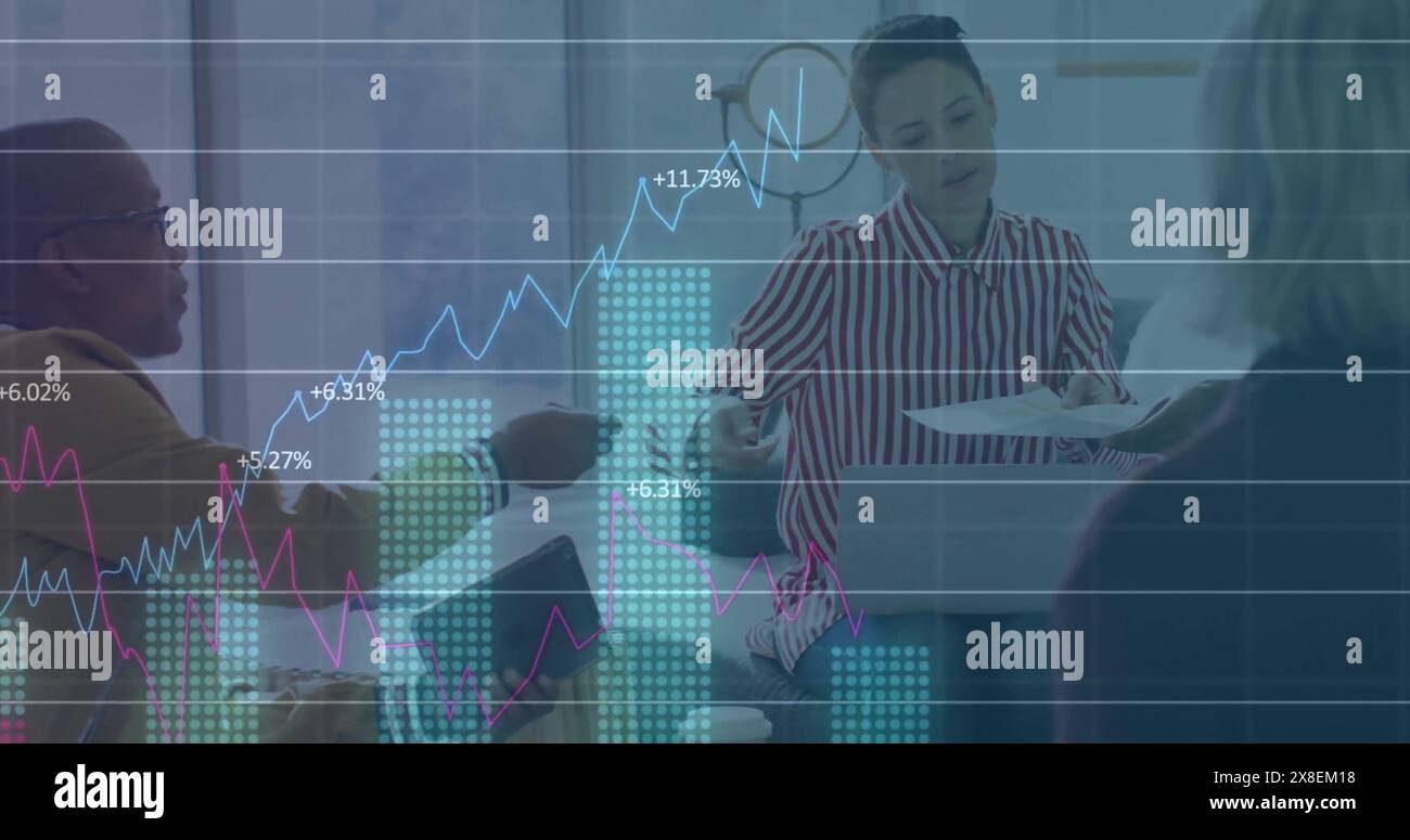 Image of data processing and diagram over diverse business people ...