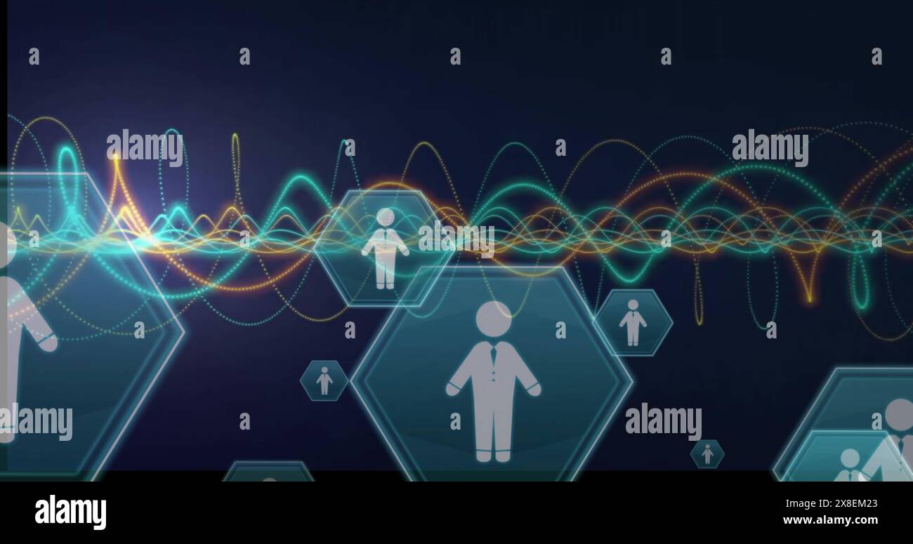 Image of people icons and data processing over black background Stock ...