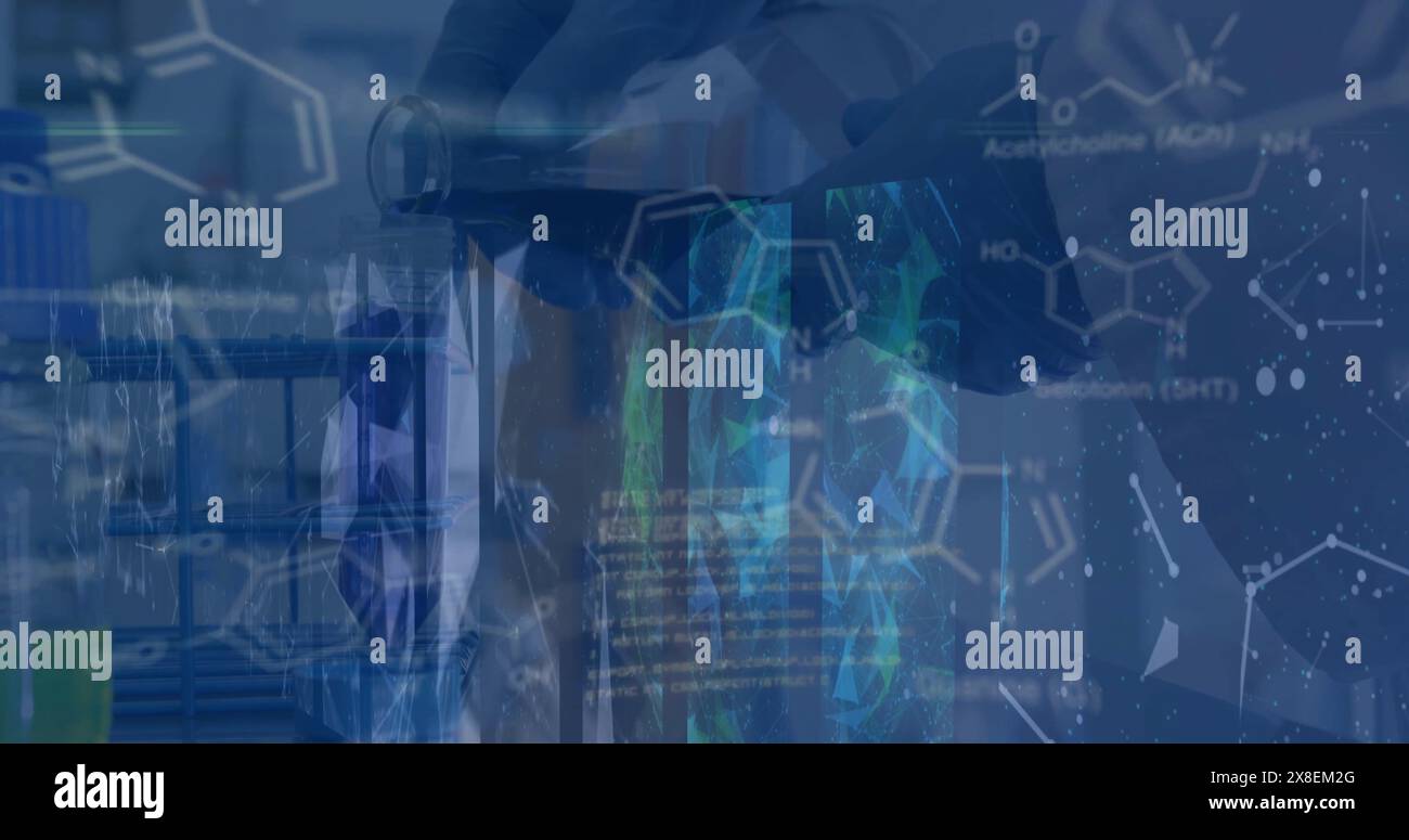 Image of chemical formula and data processing over caucasian scientist ...