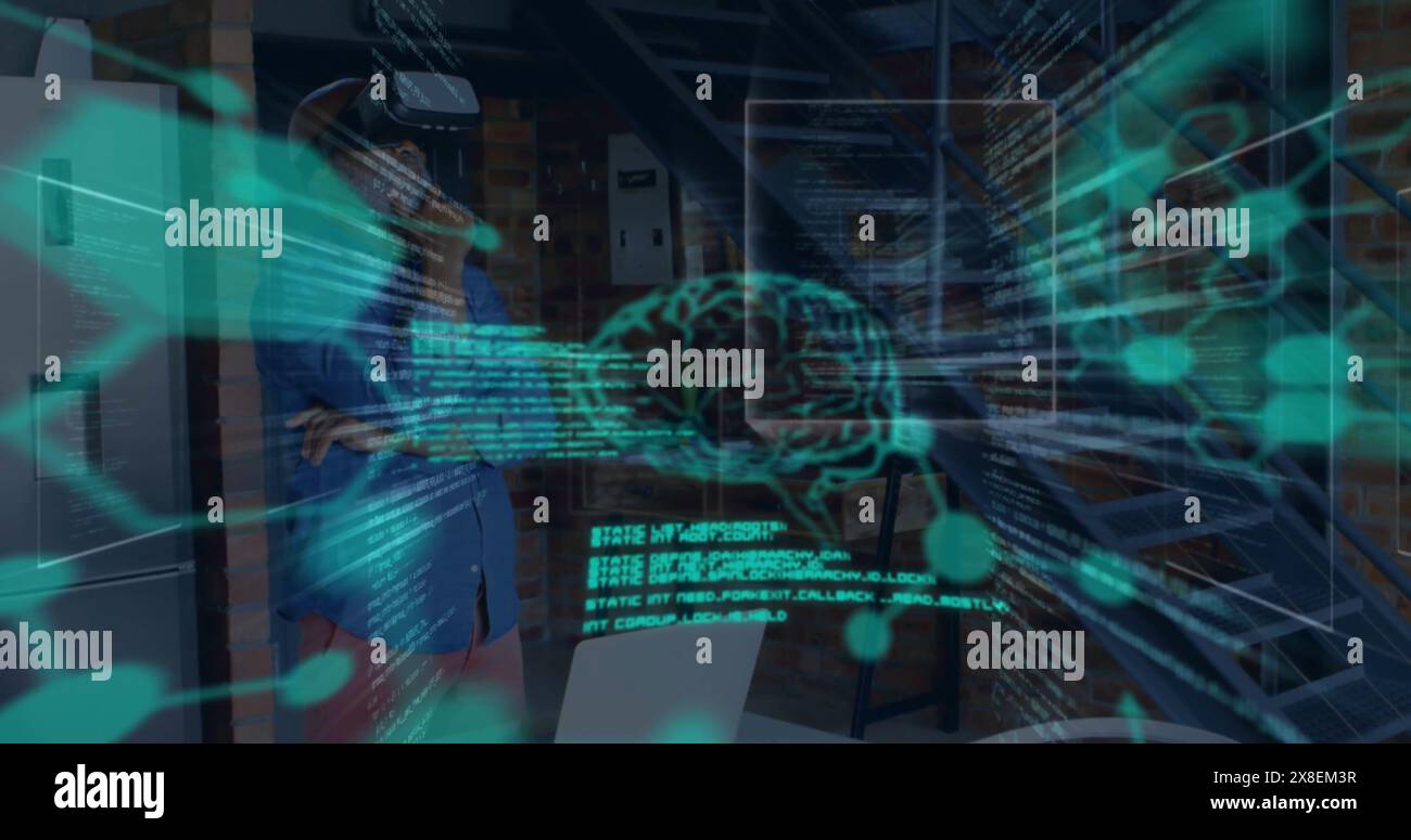 Image of data processing and digital brain over african american ...