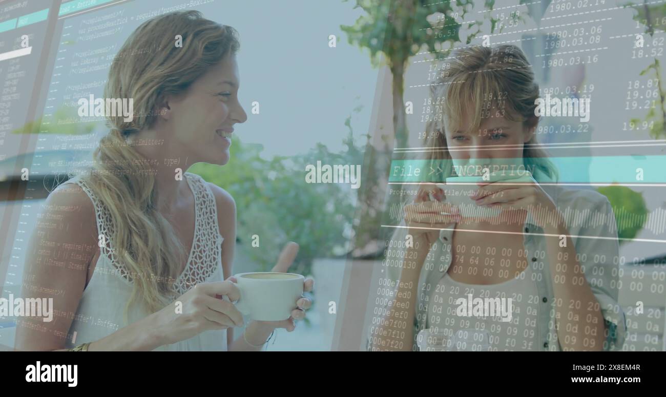 Image of data processing over caucasian women drinking coffee Stock ...