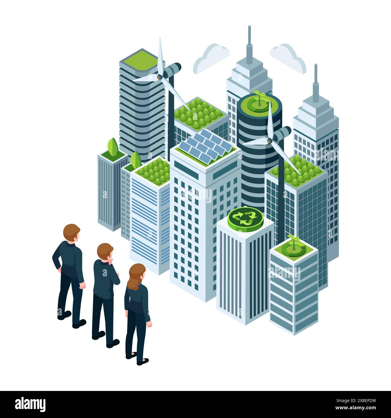 Flat 3d Isometric Business Team Observing Sustainable Cityscape with Eco-Friendly Buildings ...