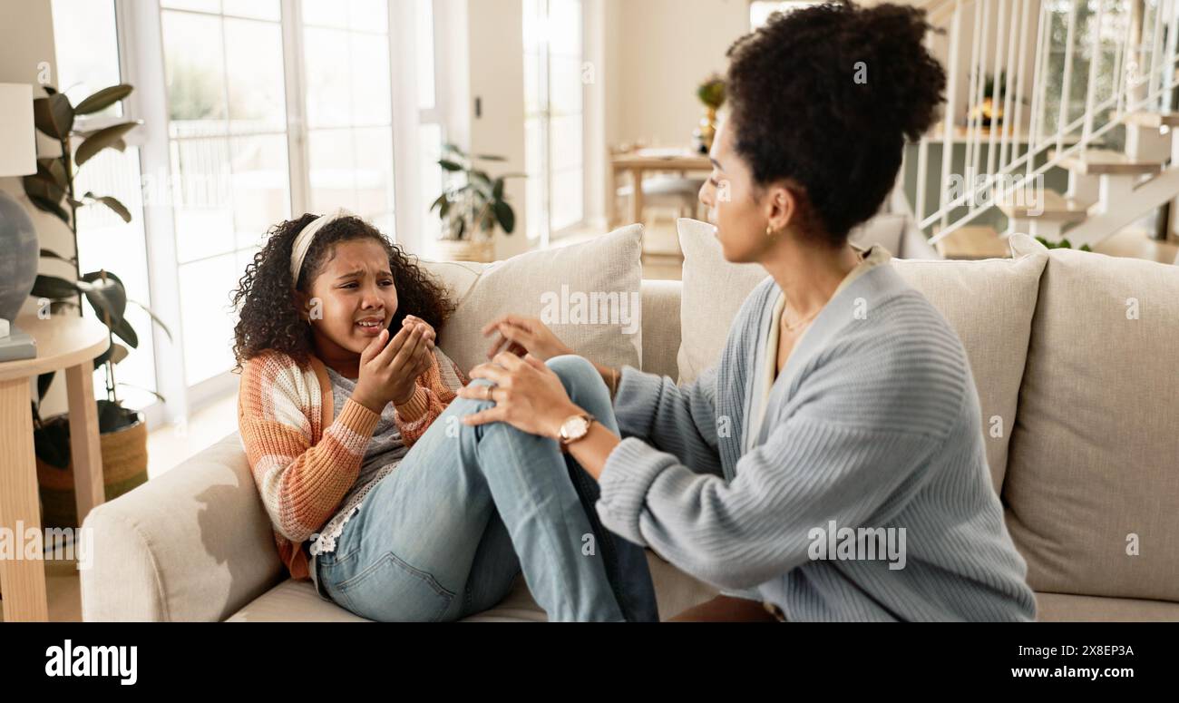Mom, sad and comfort girl on sofa with kindness, empathy and listening ...