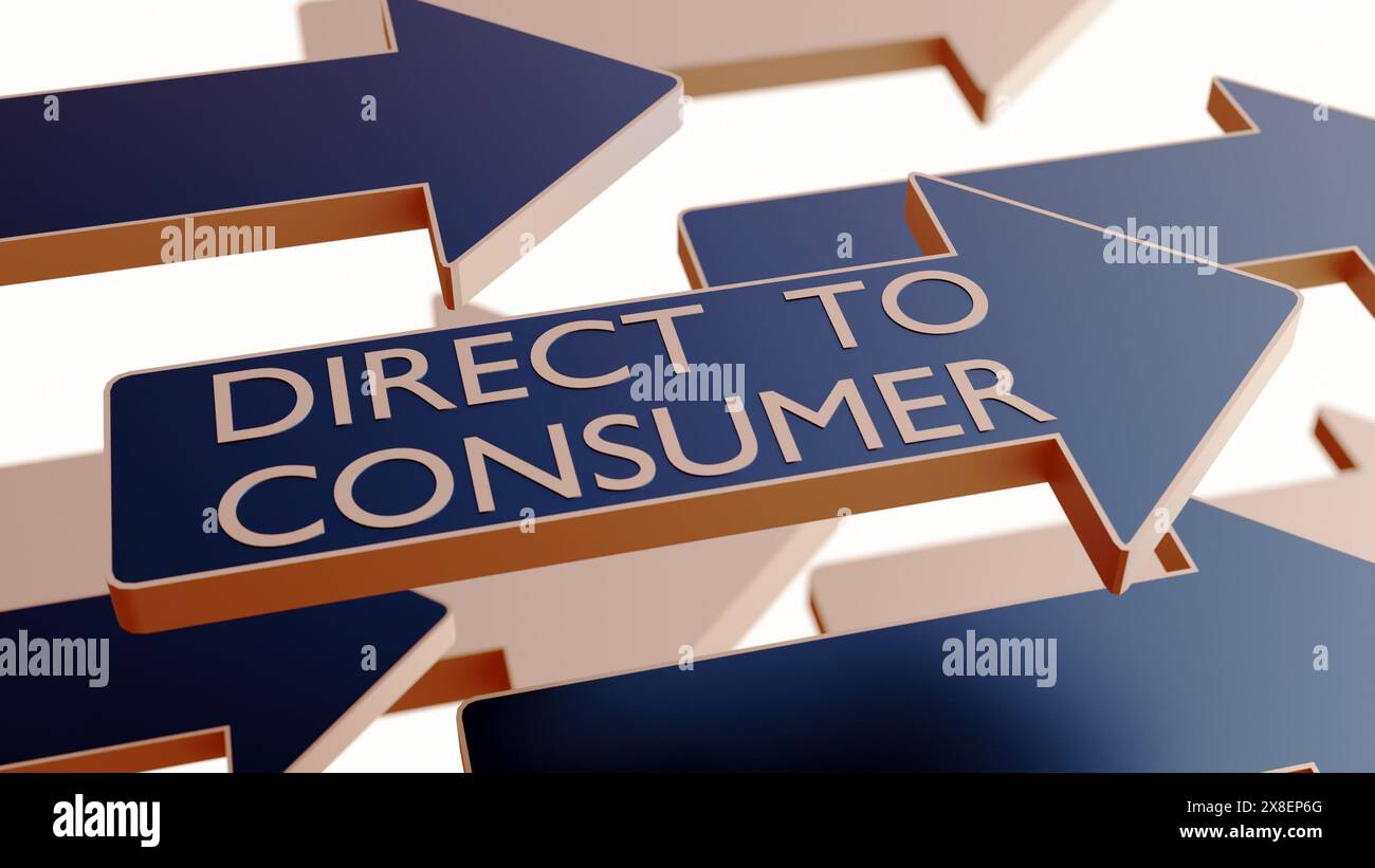 A 3d rendering of the words "direct to consumer" are written in white ...