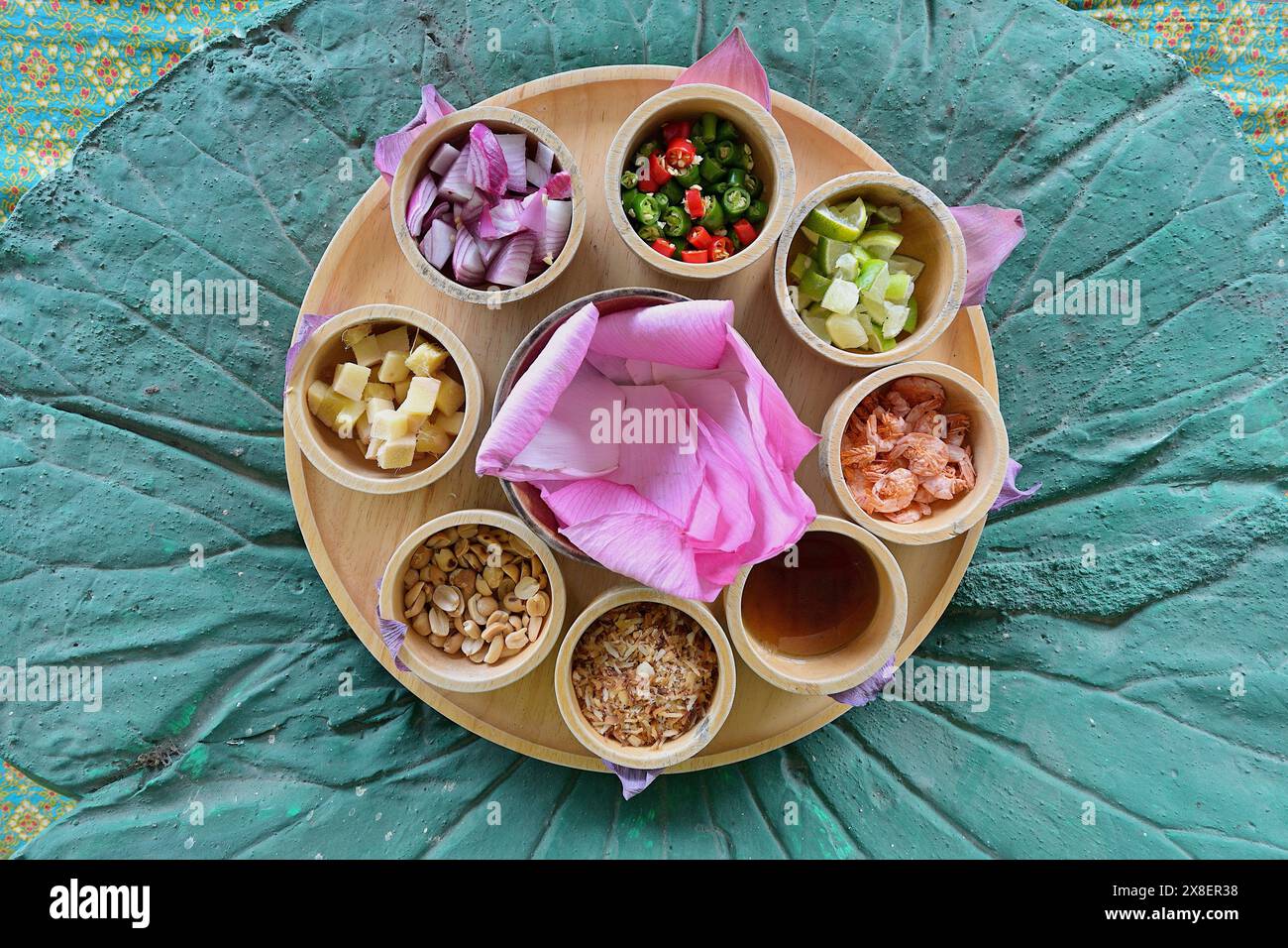 Miang kham bua lhuang platter from Thailand with lotus flower petal ...