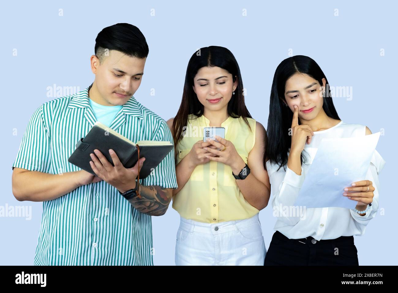 A group of copywriter friends with notepad, mobile phone, laptop giving ...