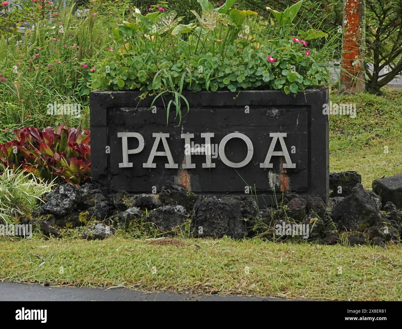 A welcome sign marking the town of Pahoa, Hawaii is shown during the ...