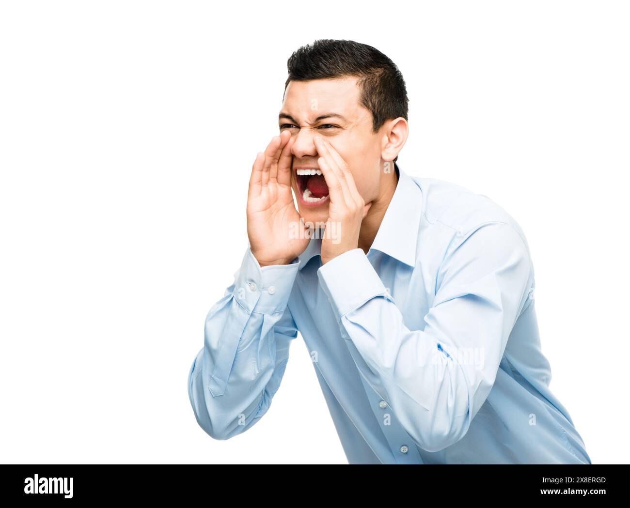 Shouting, hands and attention of businessman in studio for announcement ...