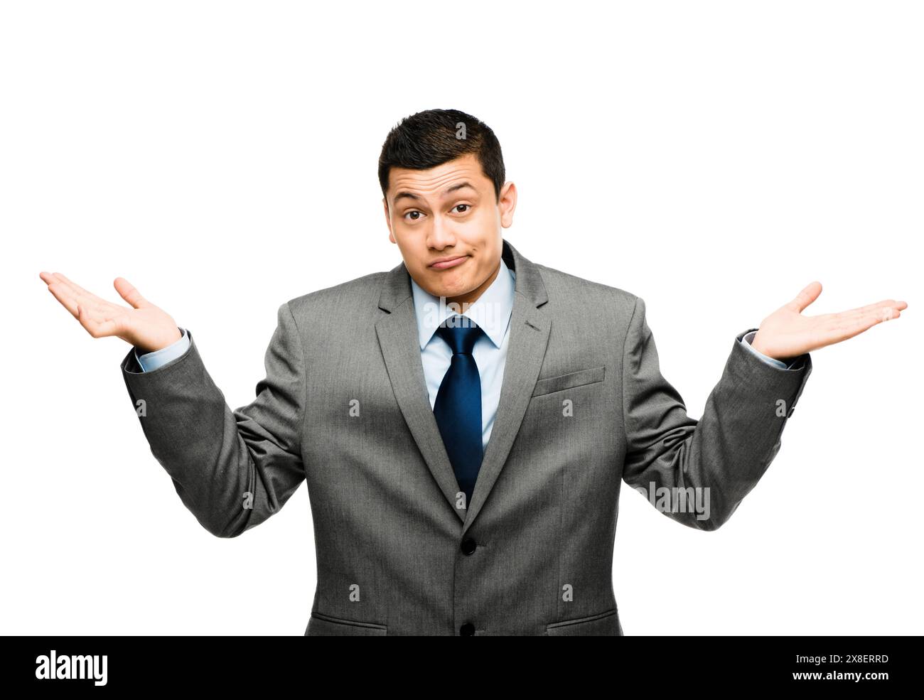 Portrait, confused and businessman for shrug in studio with doubt ...