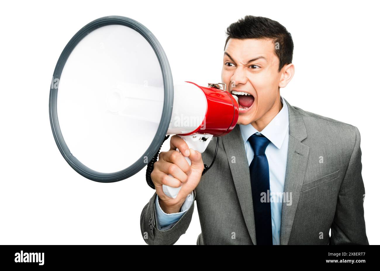 Megaphone, protest and shouting with business man in studio isolated on ...
