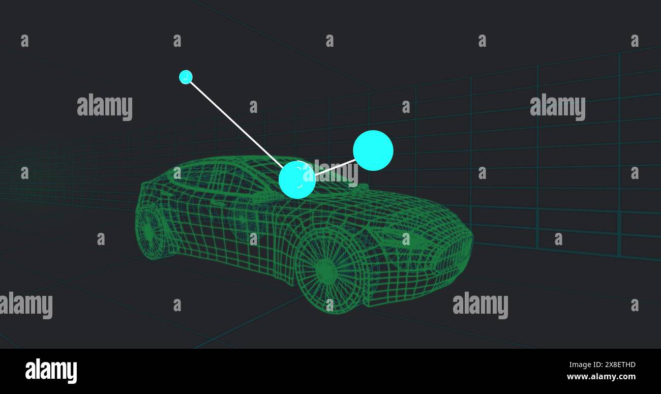 Image of network of connections 3d car model over grid on black ...