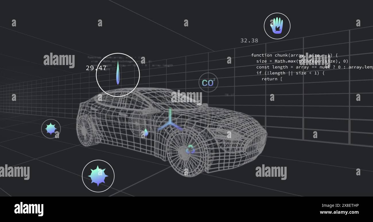 Image of falling icons over 3d car model over grid on black background ...