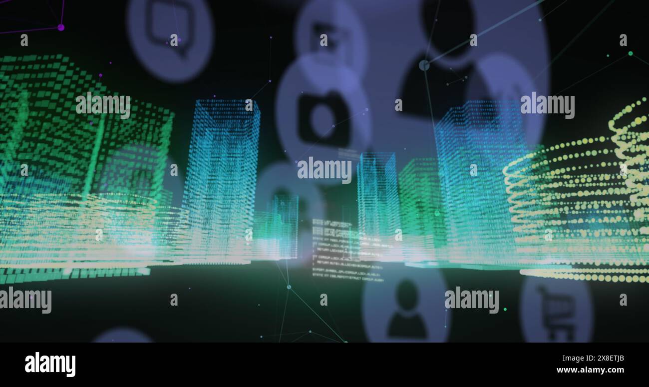 Image of digital icons, data processing and network of connections against 3d city model Stock ...
