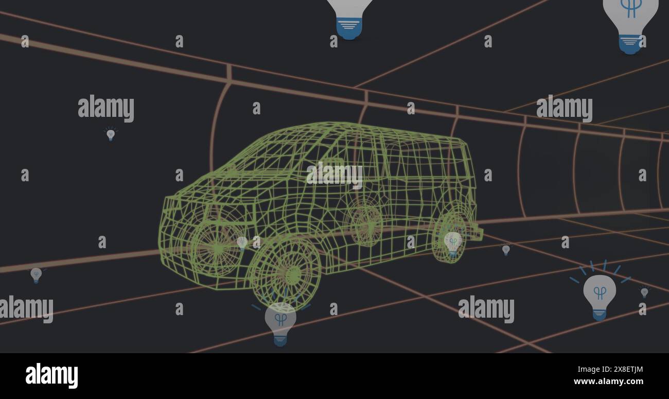 Image of falling icons 3d car model over grid on black background Stock ...