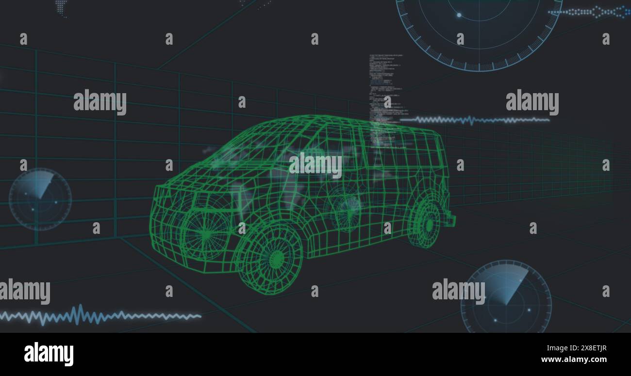 Image of data processing over 3d car model over grid on black background Stock Photo - Alamy
