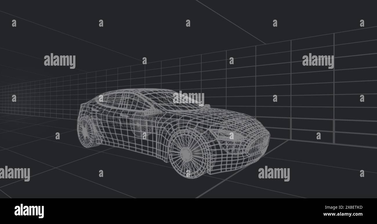 Image of falling icons over 3d car model over grid on black background ...