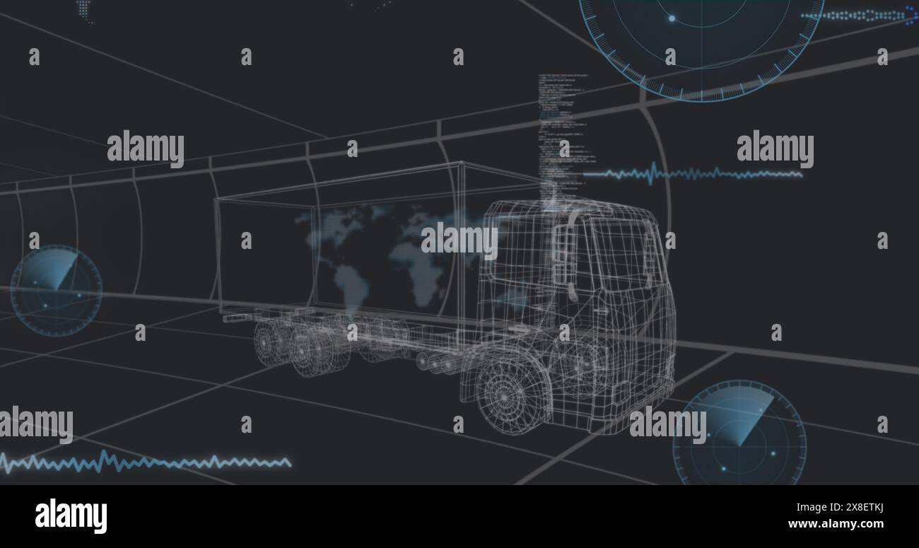 Image of data processing 3d car model over grid on black background ...