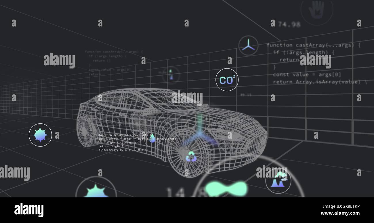 Image of falling icons over 3d car model over grid on black background ...
