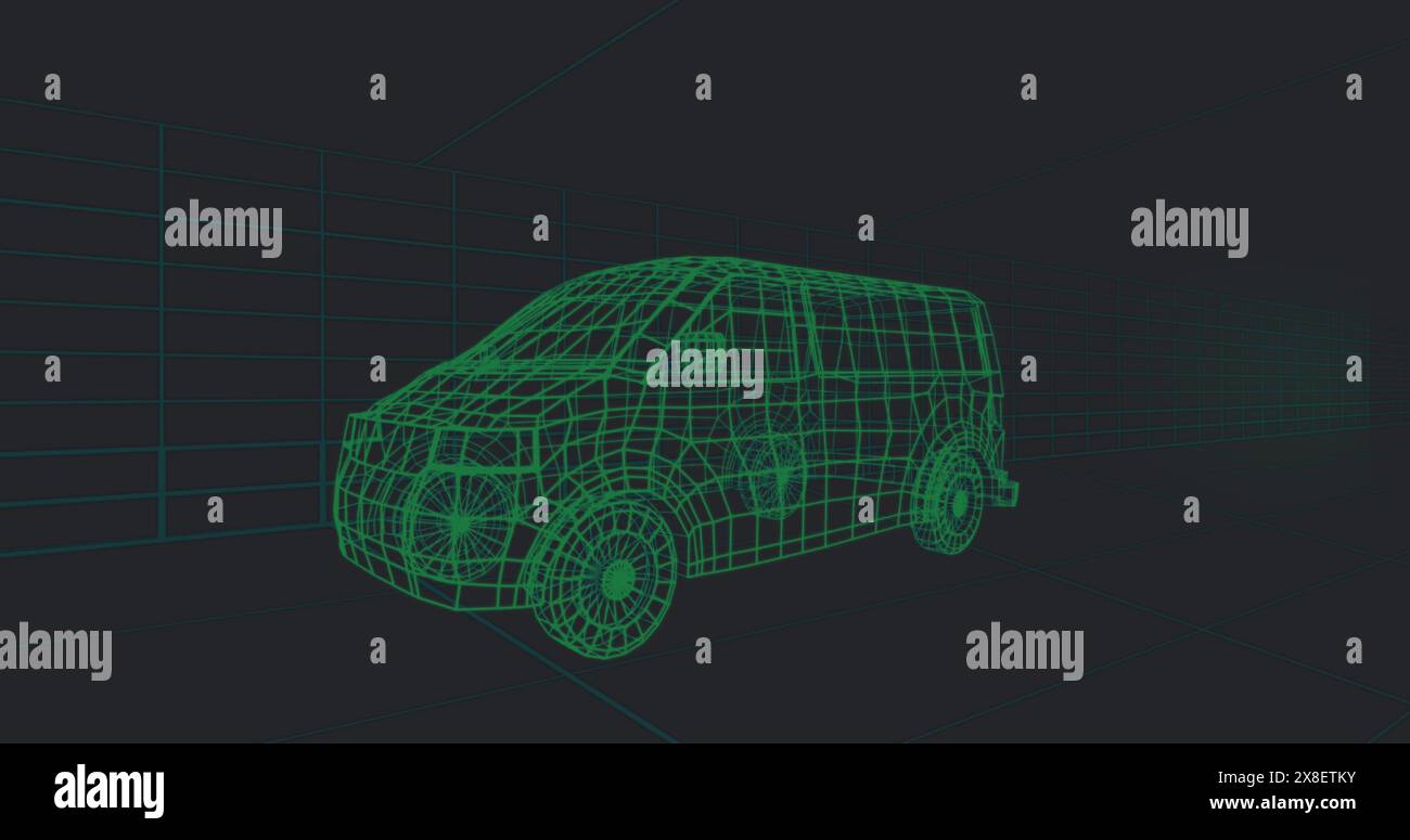 Image of data processing over 3d car model over grid on black ...