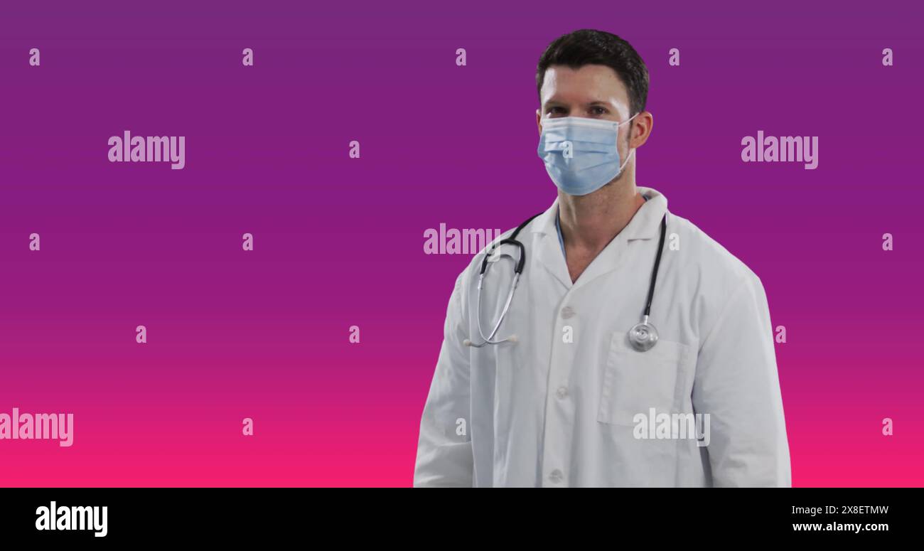 Image of caucasian male doctor over purple background Stock Photo - Alamy