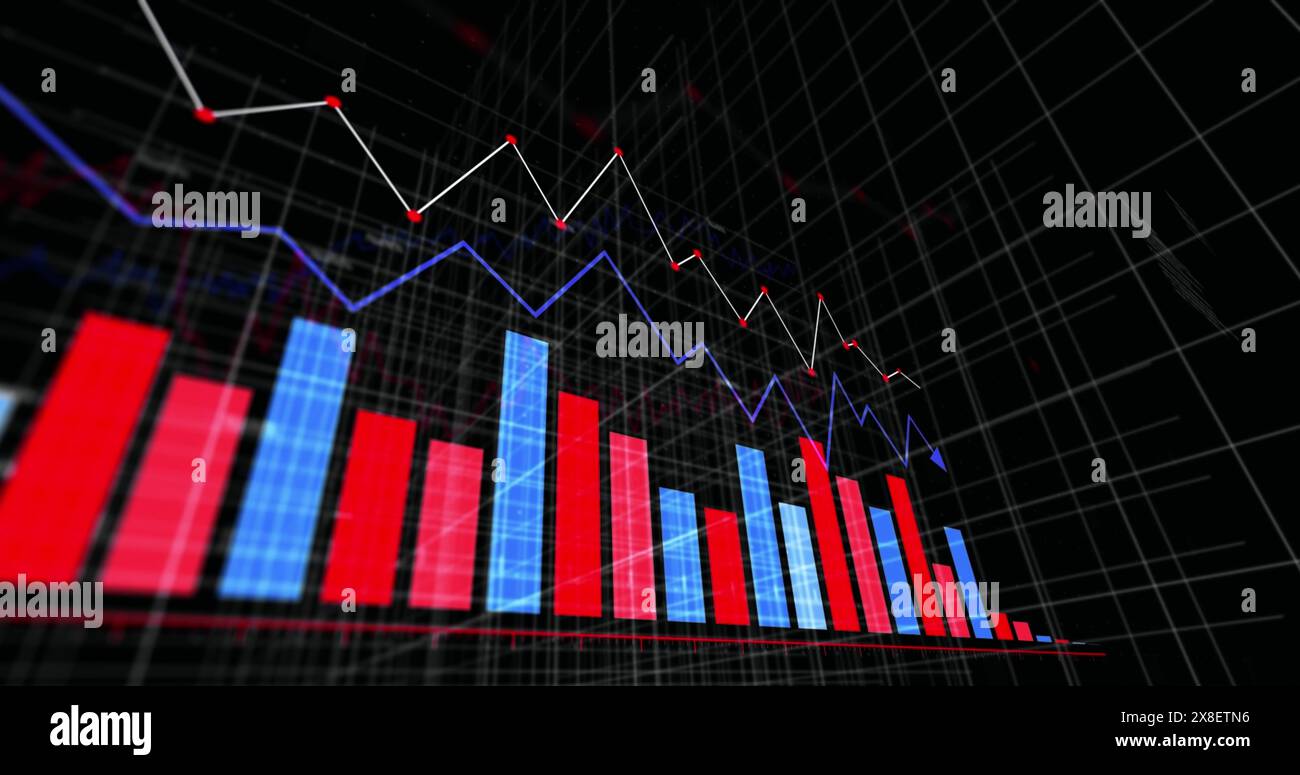 Image of arrow icons moving downwards and statistical data processing ...
