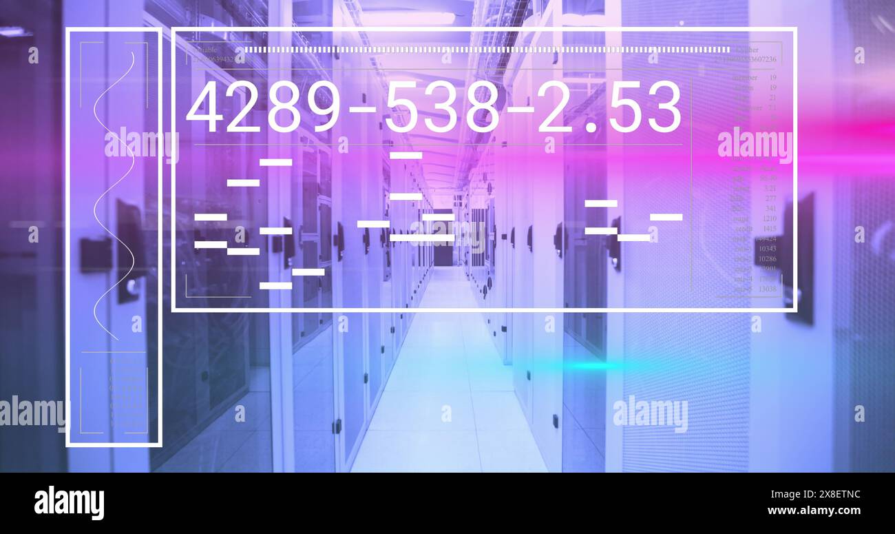 Image of changing numbers, lines and loading bars in rectangle over server room Stock Photo - Alamy