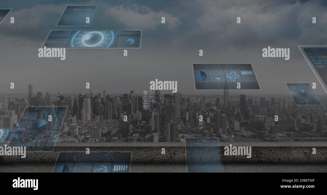 Image of round scanners and data processing against aerial view of cityscape Stock Photo - Alamy