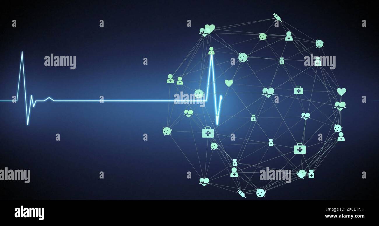 Image of heart rate monitor and globe of medical icons against blue gradient background Stock ...