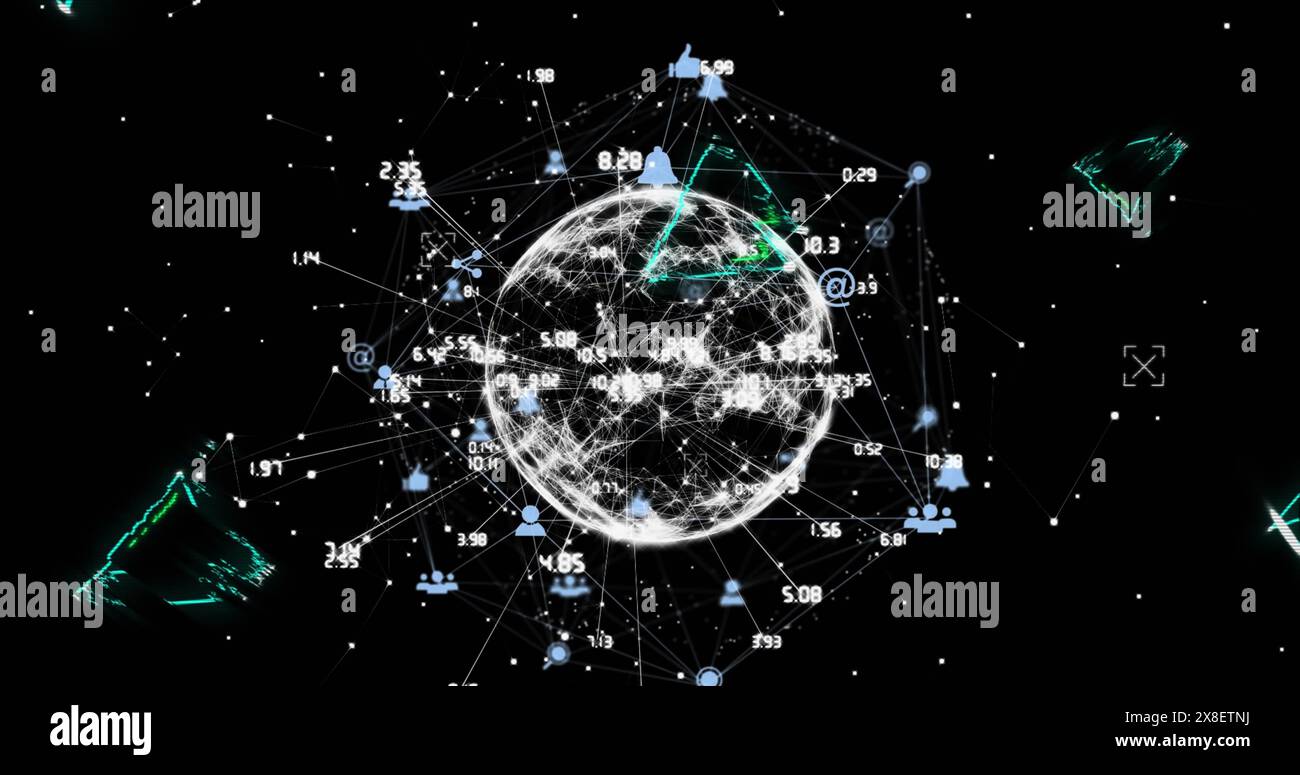 Image of neon triangular shapes over globe of network of connections against black background ...