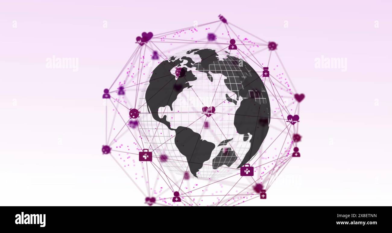 Image of network of digital icons over spinning globe against pink gradient background Stock ...
