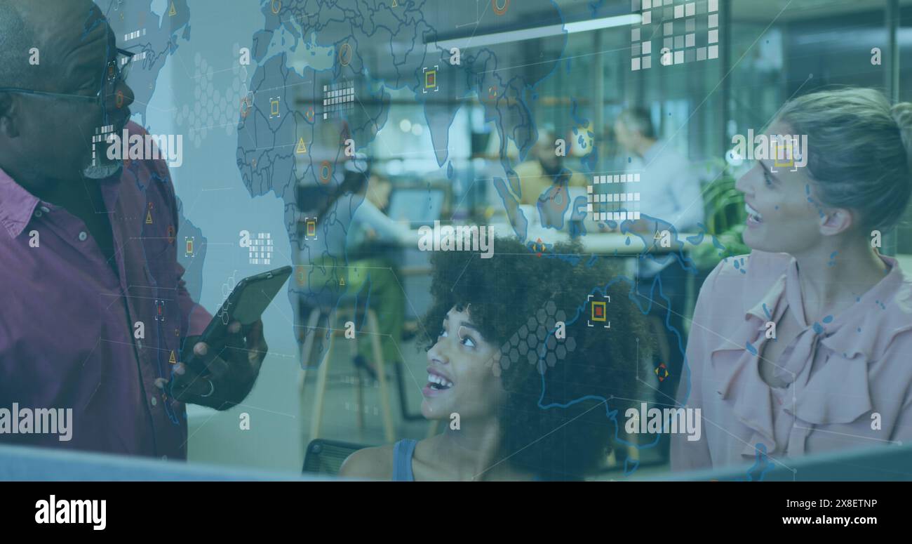 Image Of Data Processing Over World Map Against Diverse Colleagues