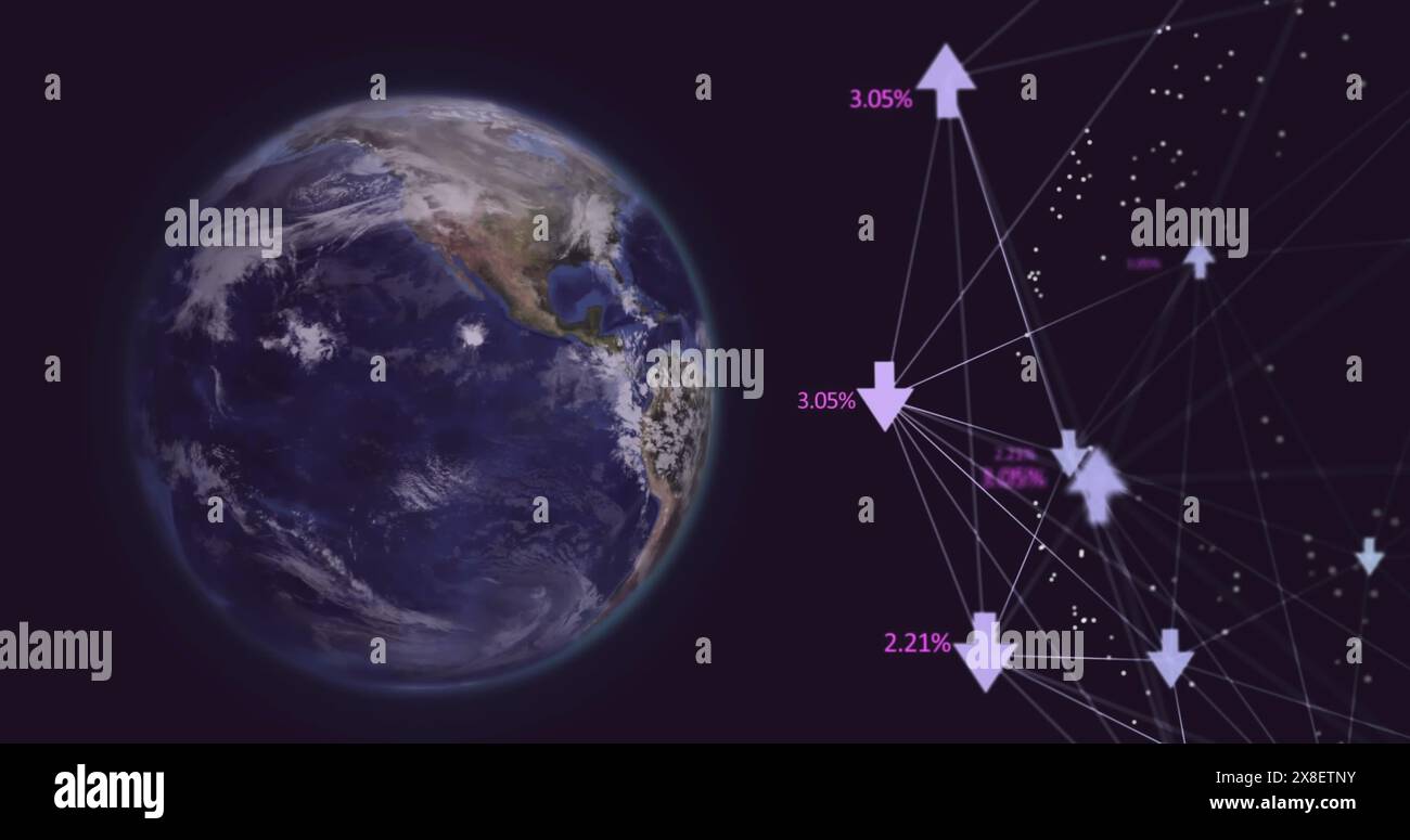 Image of globe of digital icons and spinning globe against black ...