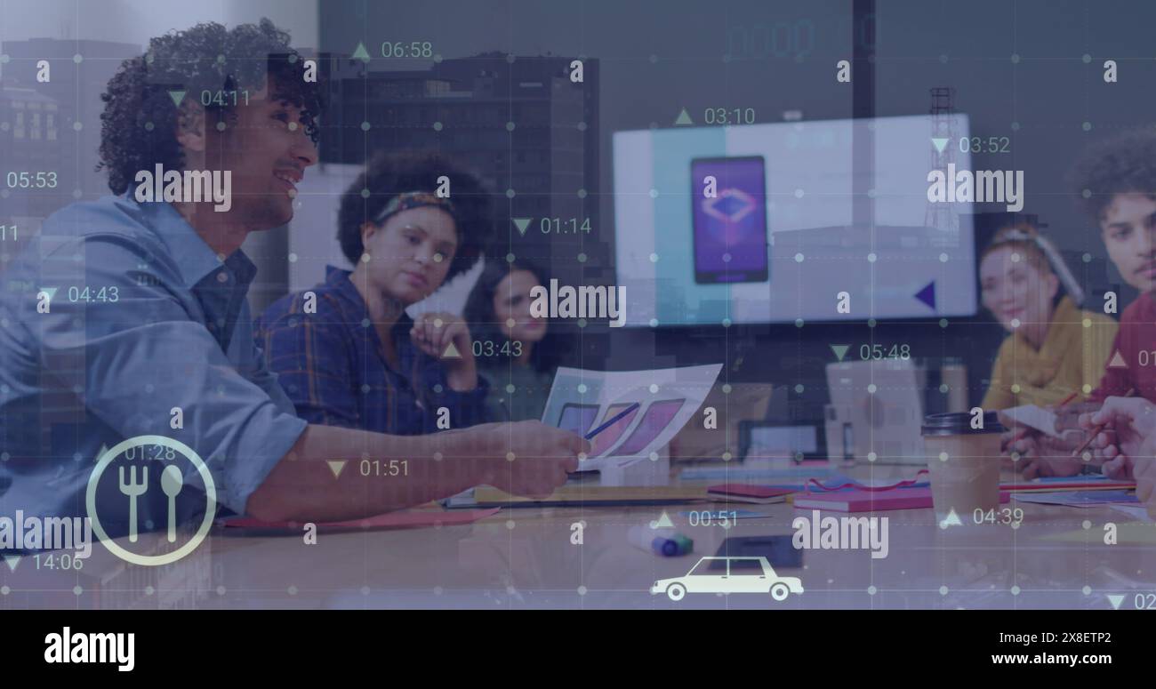 Image of multiple digital icons over biracial man discussing with ...