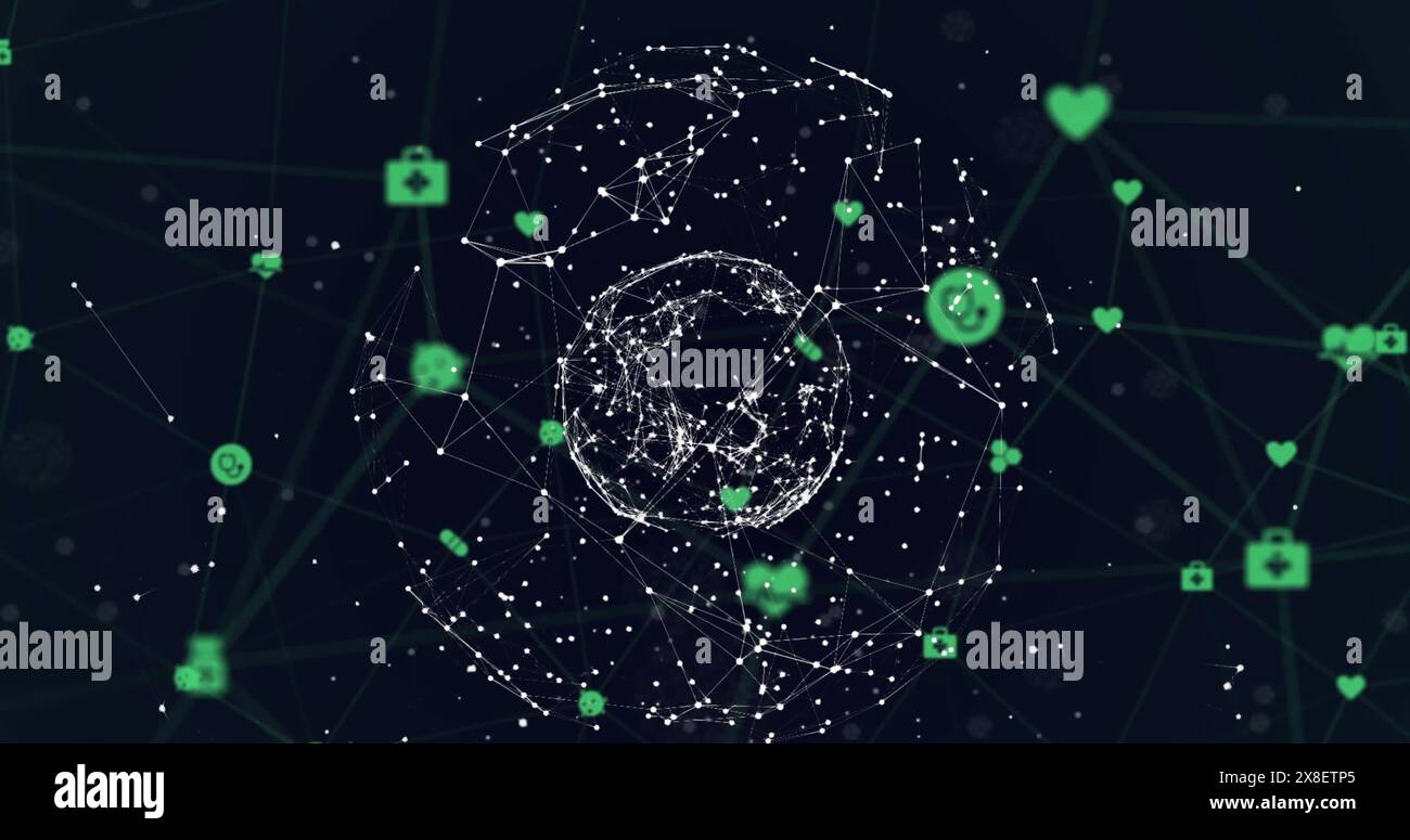 Image of network of medical icons over globe of network of connections ...