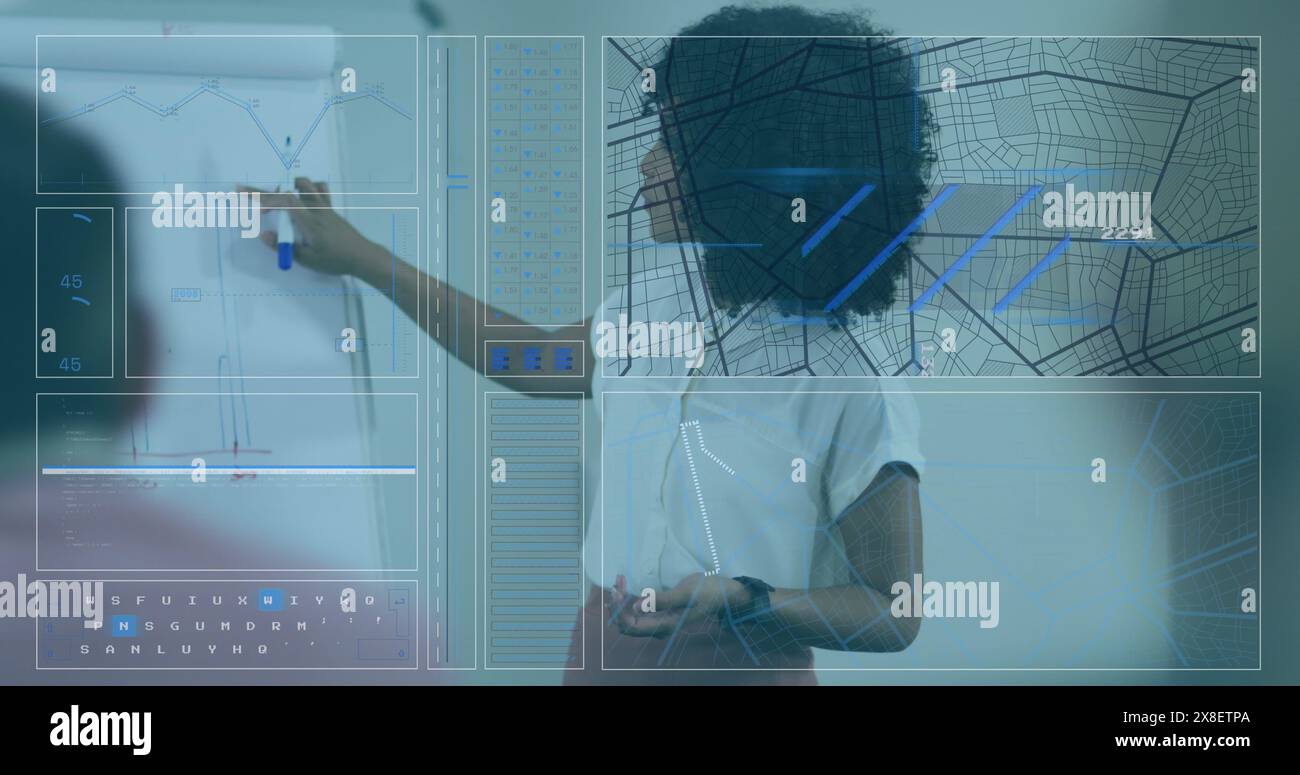 Image of interface with data processing over african american woman ...