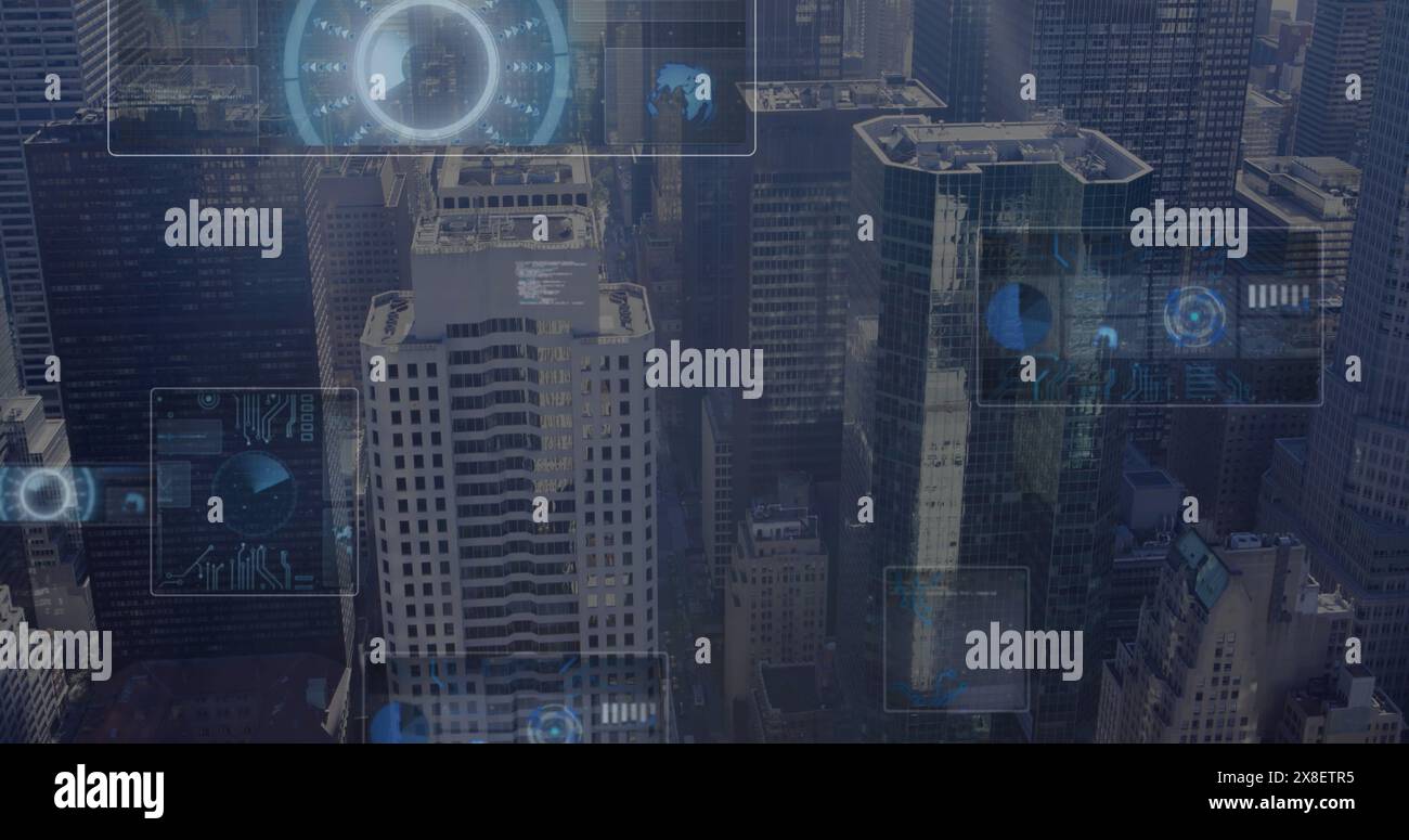Image of round scanners and data processing against aerial view of ...